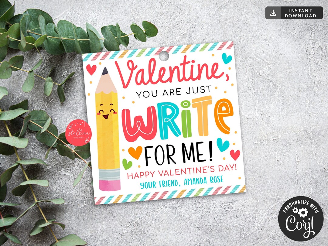 You're Just Write School Valentine Tag, Valentine Pencil Gift Tags ...