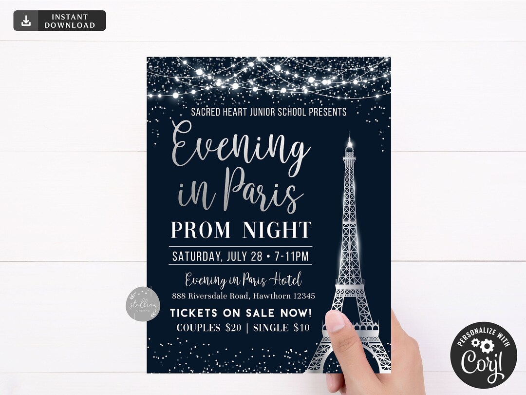 EDITABLE Prom Flyer, A Night in Paris, School Dance Flyer Digital ...
