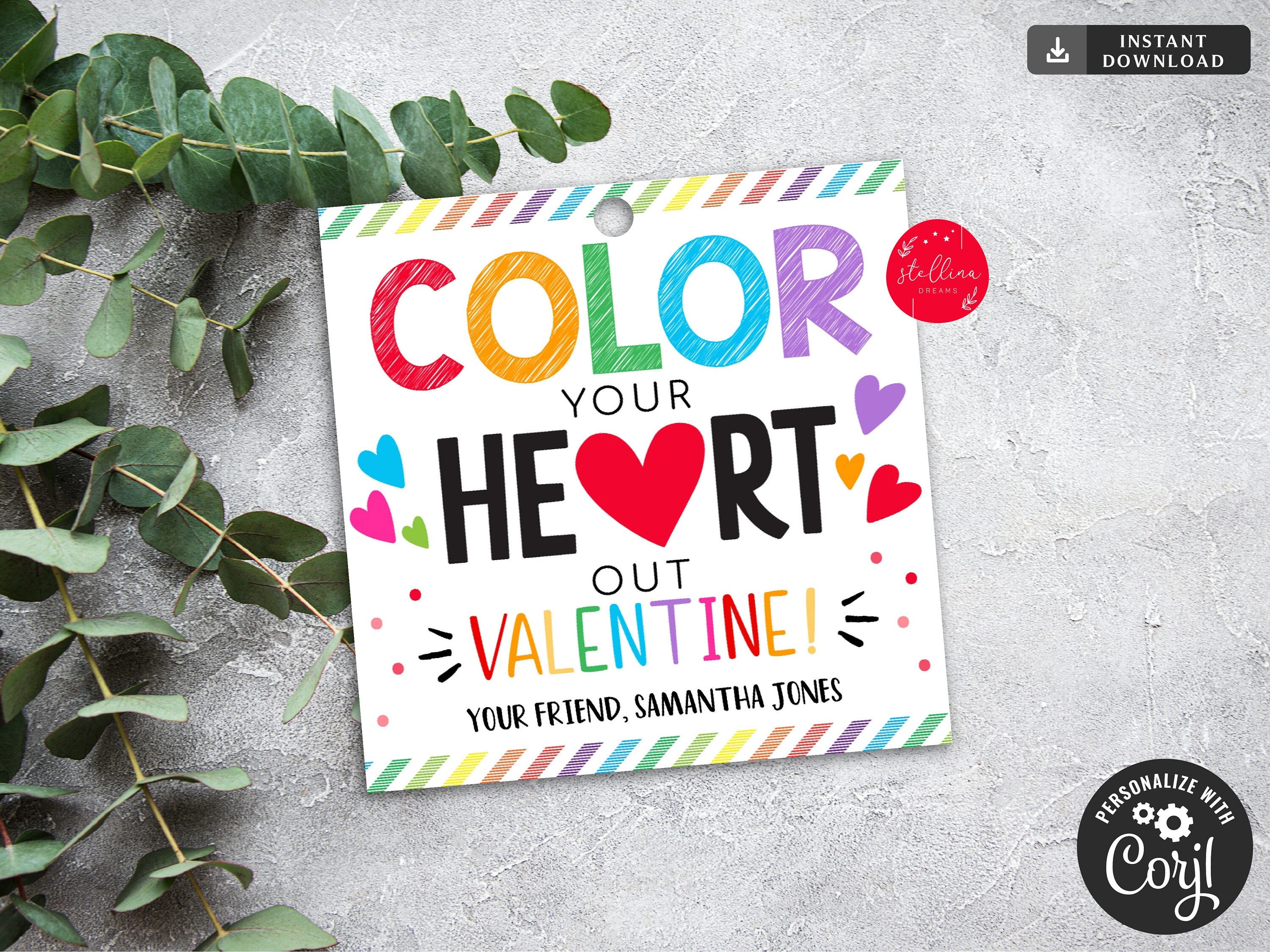 EDITABLE Gift Tags, Valentine Color Your Heart Out Tag Crayons ...