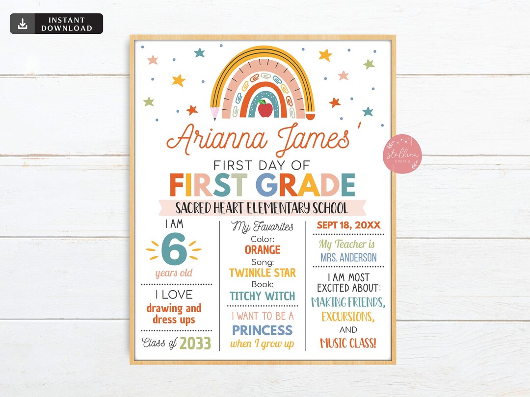 EDITABLE Rainbow Boho First Day of School Photo Prop, Printable Back to ...