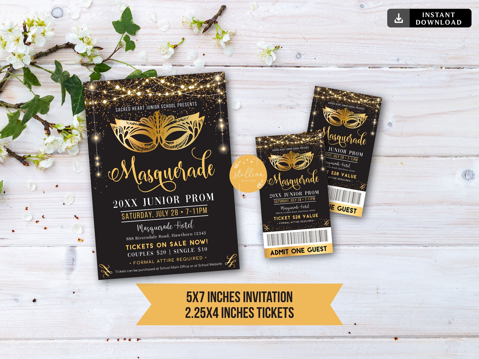 EDITABLE Prom Set, Dance Flyer Invitation Ticket Masquerade Ball, Gold ...