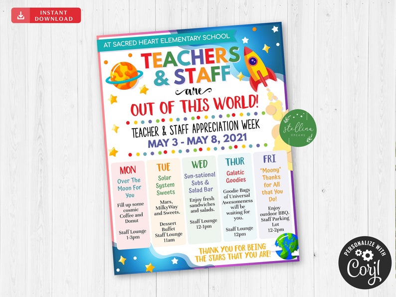 EDITABLE Space Theme Teacher Appreciation Week Itinerary | Etsy