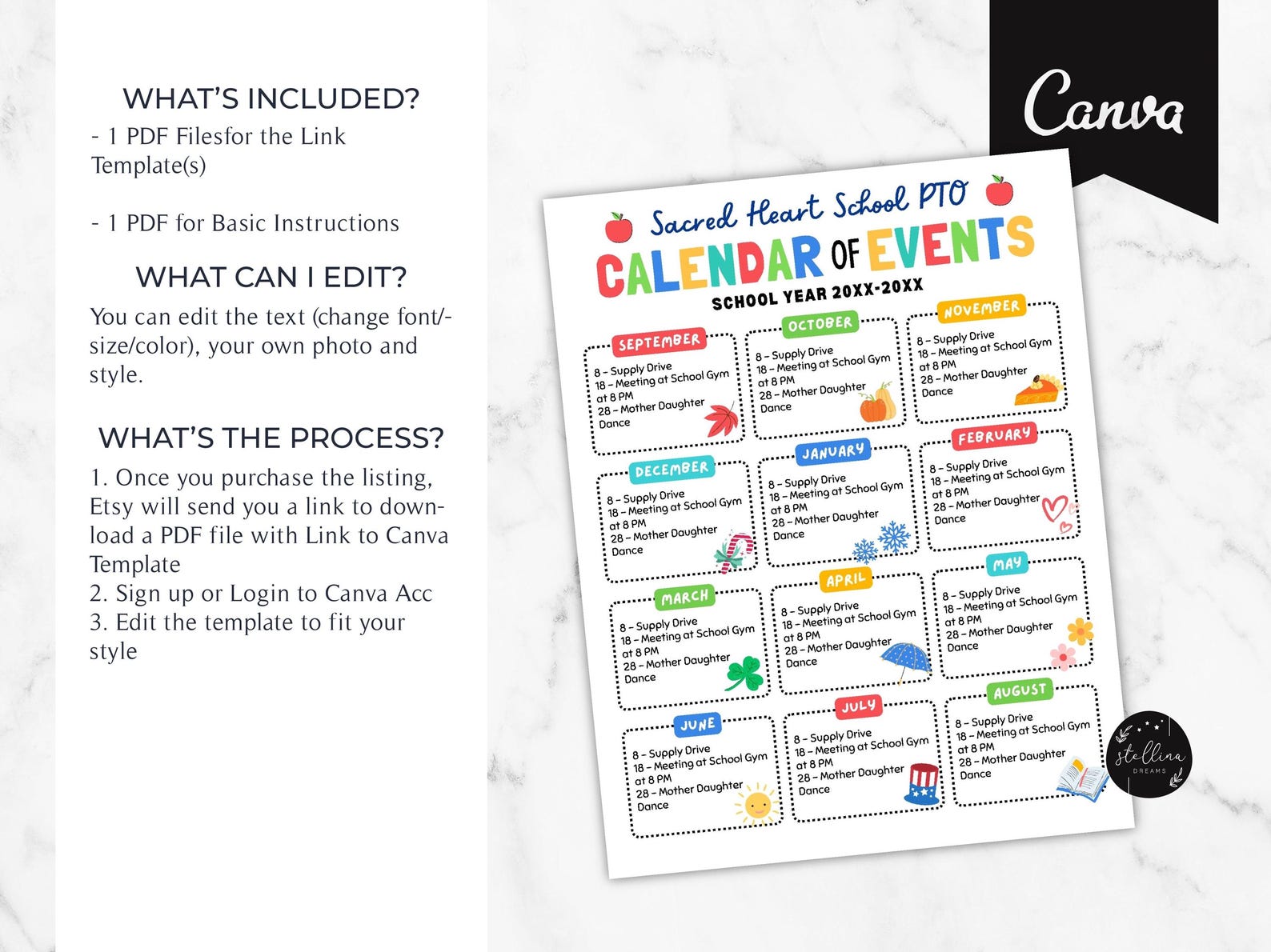 School Calendar of Events: PTO PTA Flyer (editable Canva Template ...