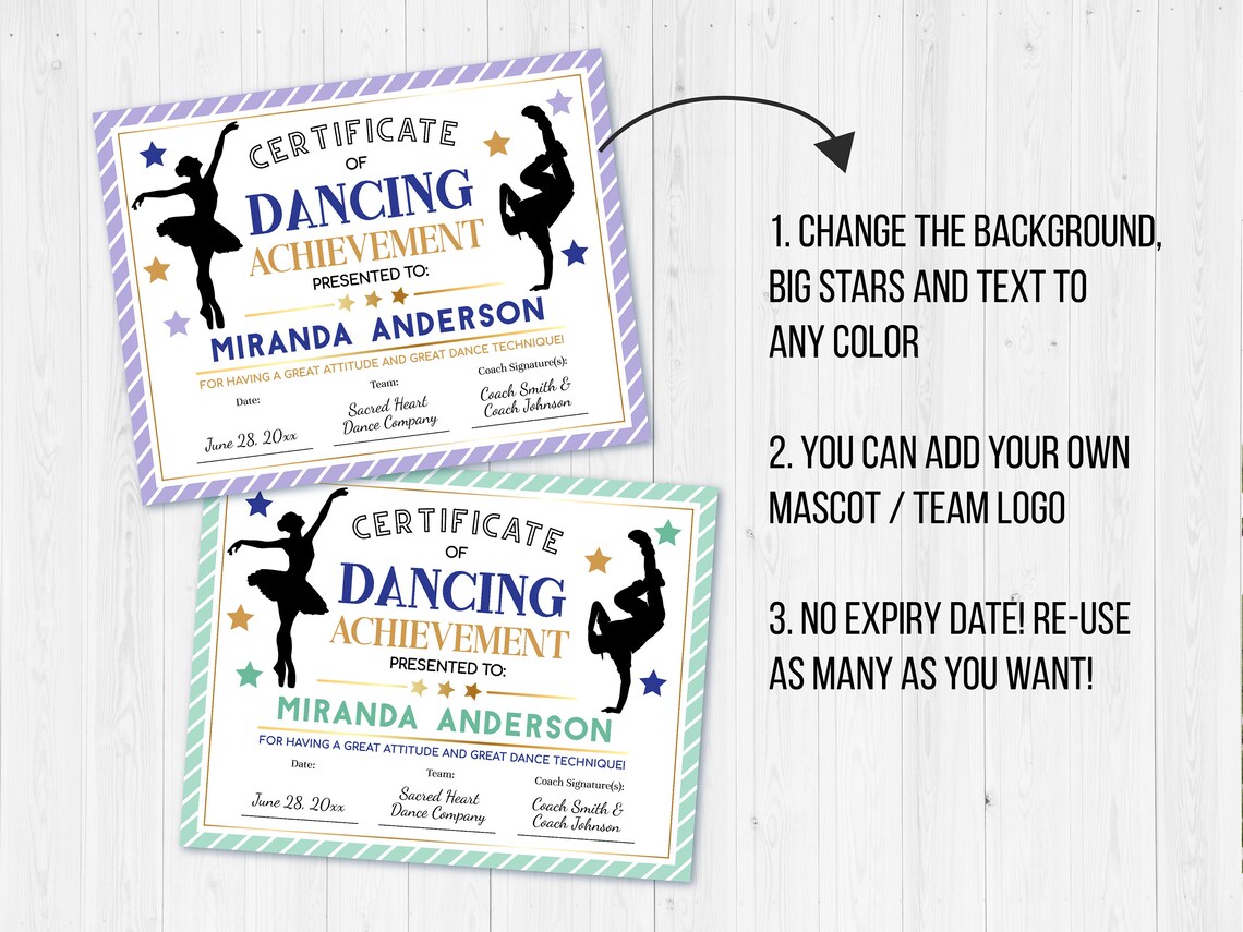 EDITABLE Dancer Certificate, Dancing Award, Dancer Printable ...