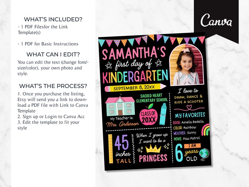 Editable First Day of School Sign: Photo Keepsake, Girl Stats (CANVA ...