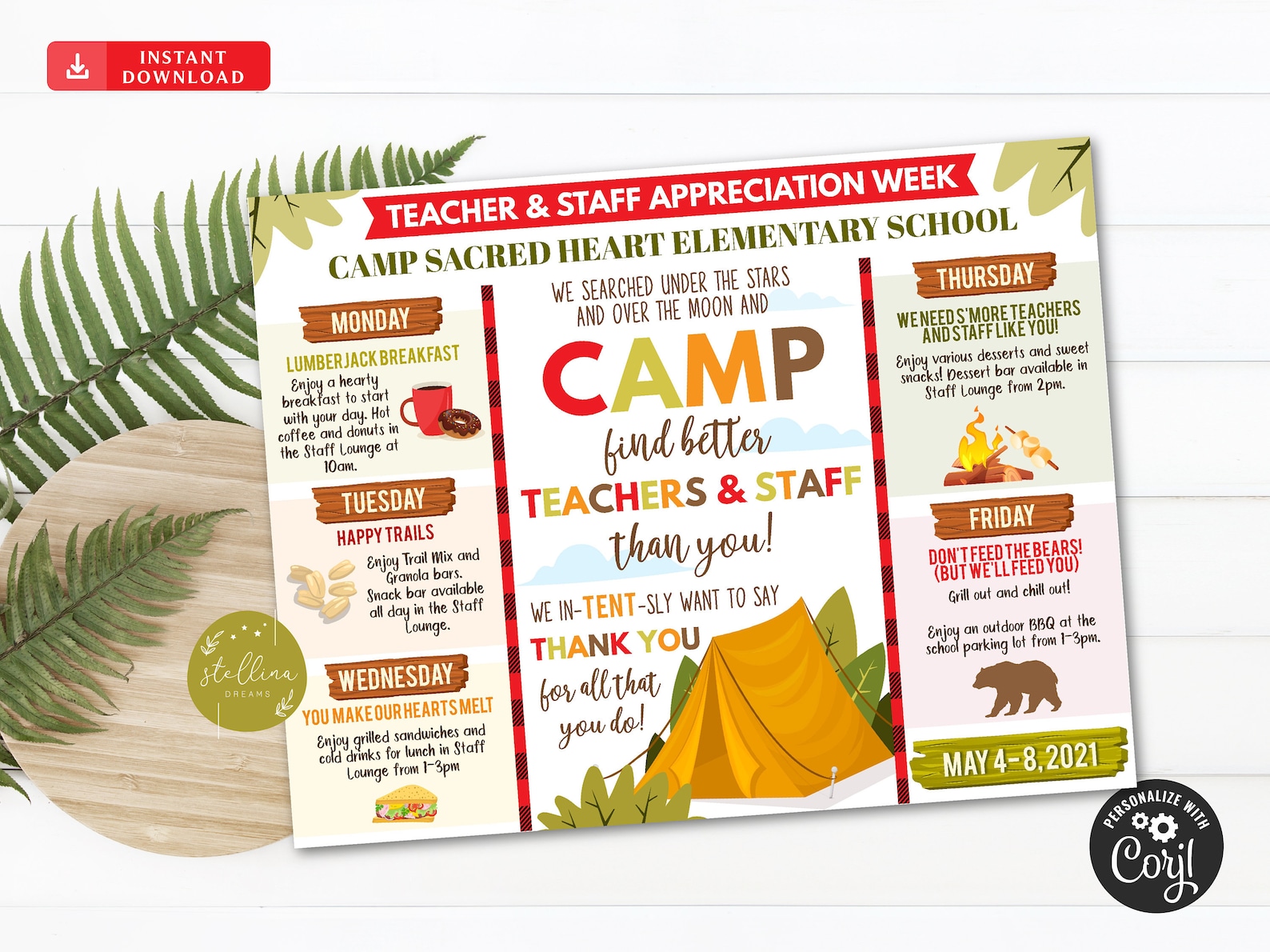 EDITABLE Camp Themed Teacher Appreciation Week Itinerary Poster ...