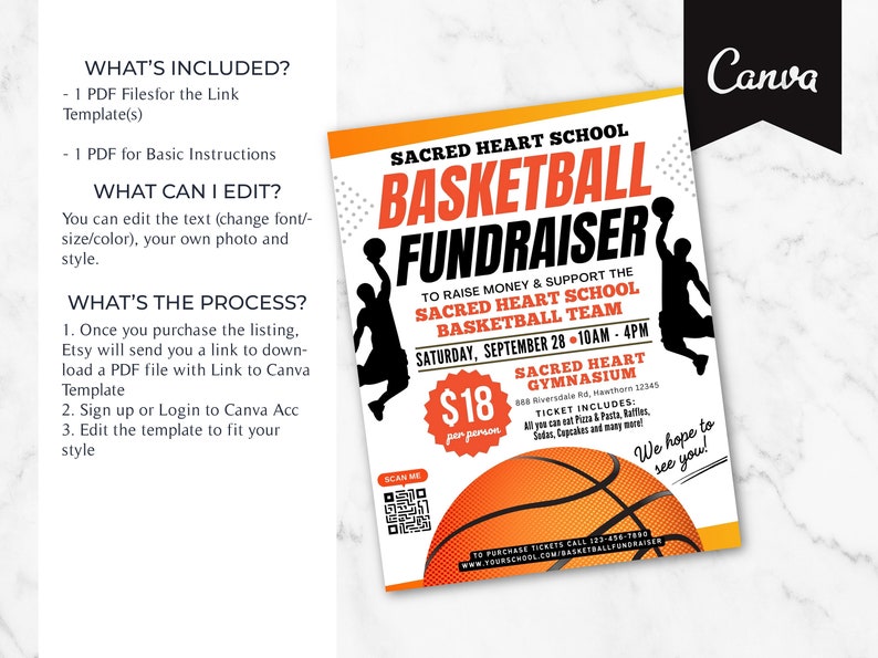 Editable Basketball Fundraiser Flyer: School Event Canva Template ...