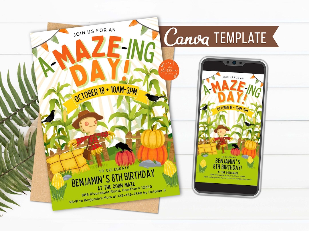 Corn Maze Birthday Invitation: Fall Pumpkin Patch Party (CANVA Template ...
