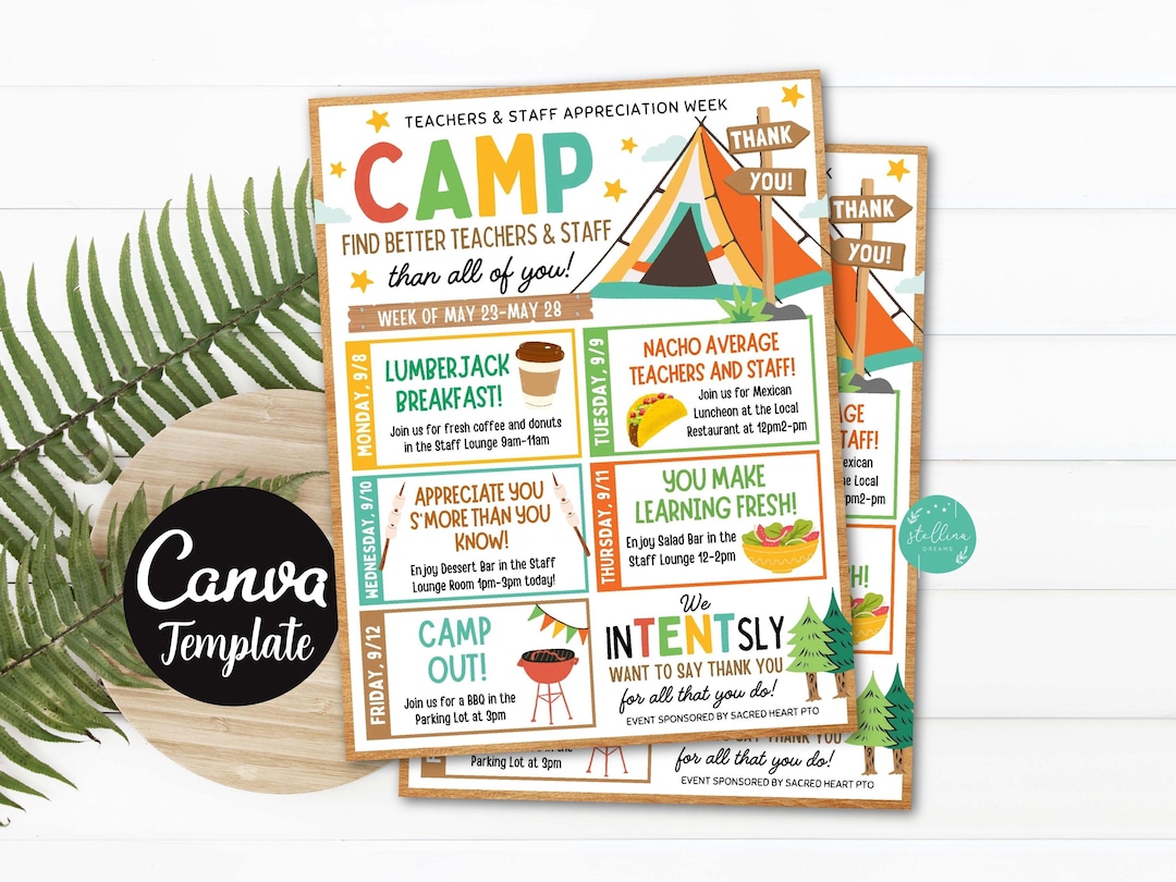 Editable Camp Theme Teacher Appreciation Itinerary, Outdoor Wilderness ...
