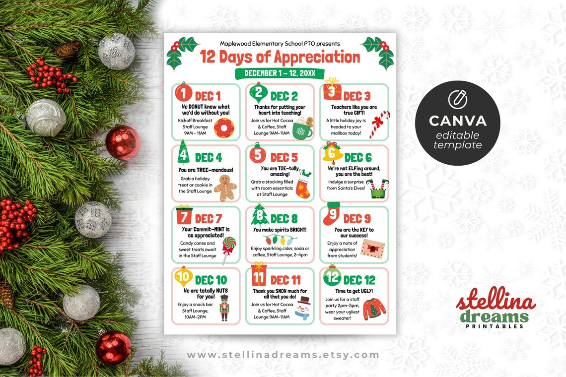 12 Days of Christmas for Teachers & Staff Appreciation | Editable Canva ...