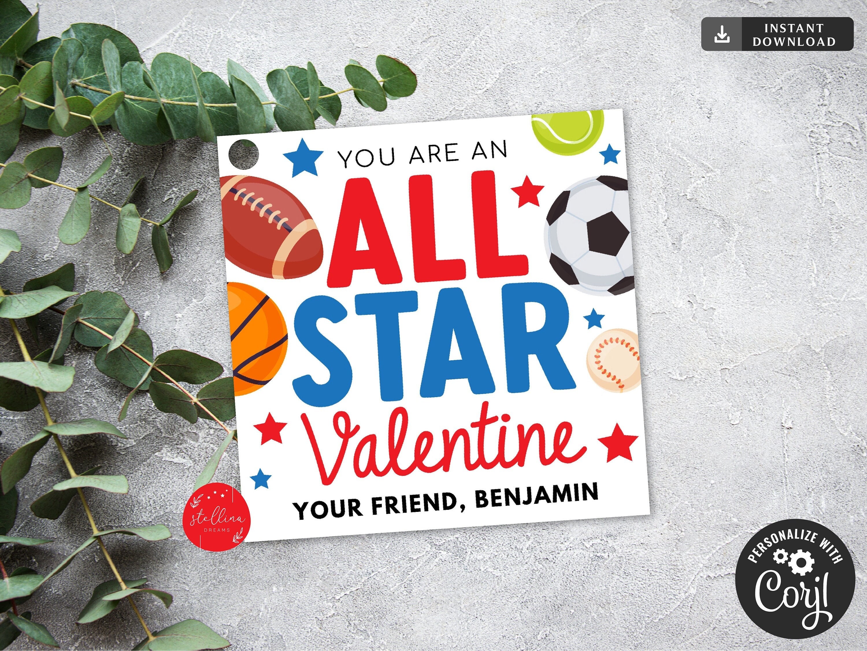 EDITABLE All Star Sports Valentines, Printable Boy Ball Valentine Card ...