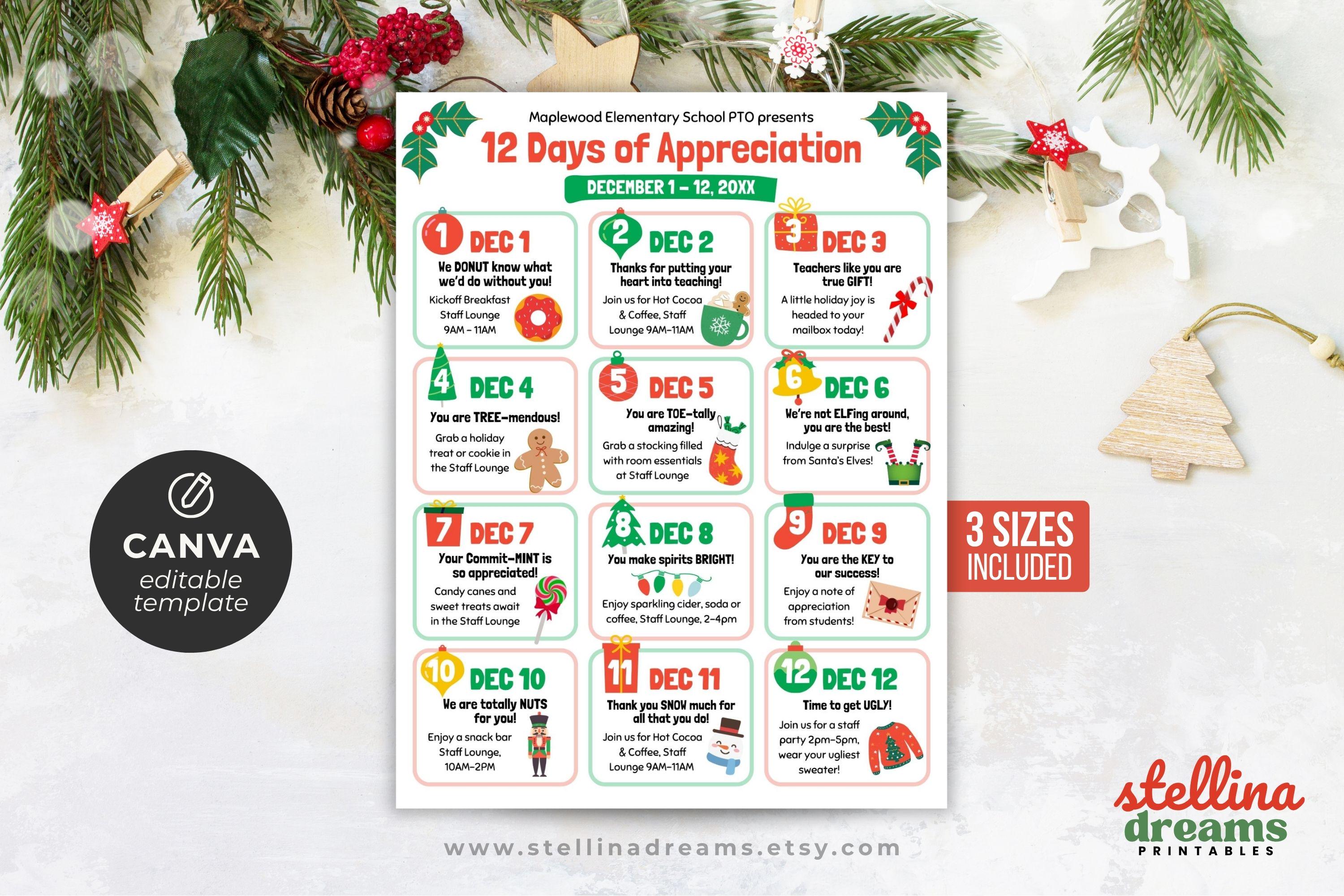 12 Days of Christmas for Teachers & Staff Appreciation | Editable Canva ...