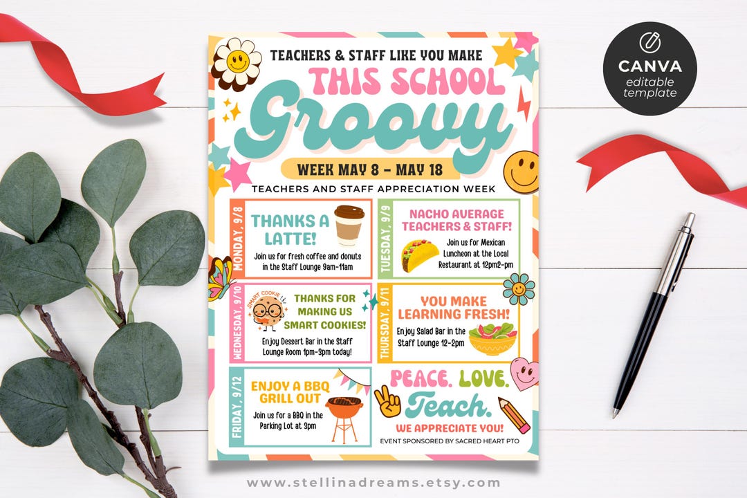 Groovy Teacher Appreciation Week Itinerary | Peace Love Teach Printable ...