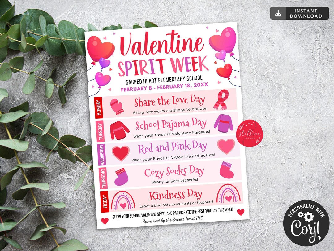 Editable Valentine School Spirit Week Itinerary Schedule, Daily Weekly ... Editable Valentine School Spirit Week Itinerary Schedule, Daily Weekly ...