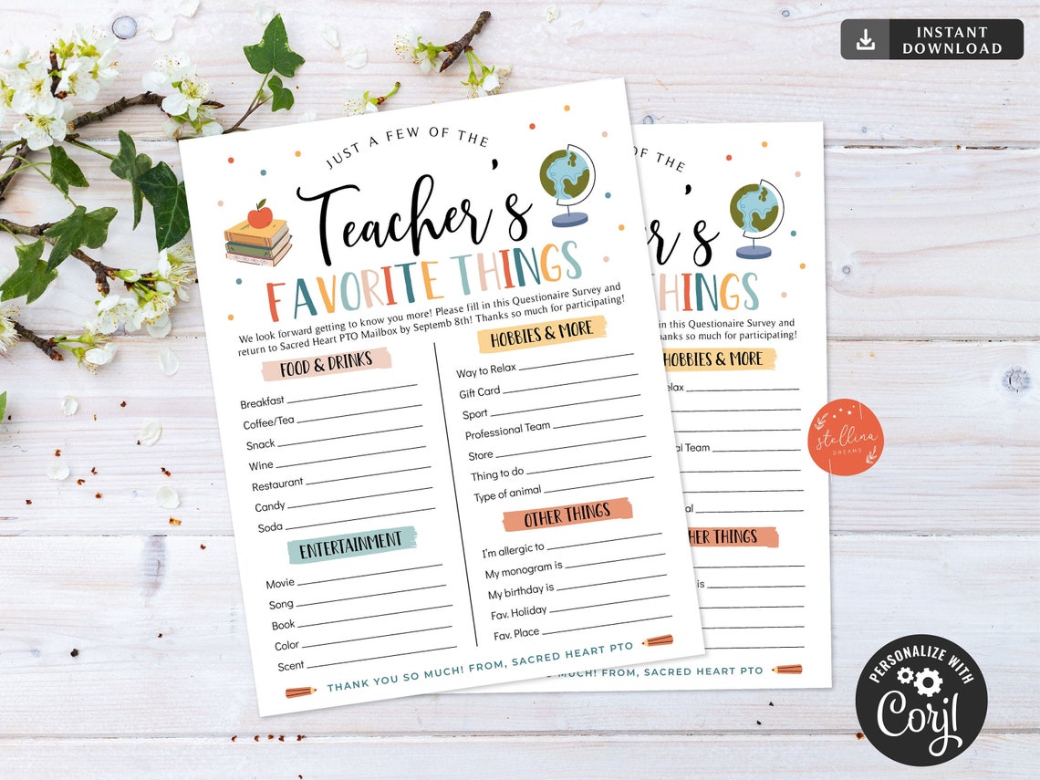 EDITABLE Teacher Favorites Survey, Printable Back to School ...