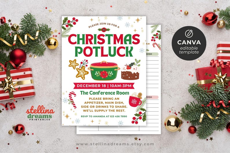 Christmas Potluck Flyer & Sign up Sheet Set | Editable Canva Template ...