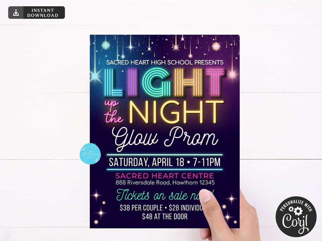 EDITABLE Prom Invitation Flyer, School Dance Digital Invite, Neon Glow ...
