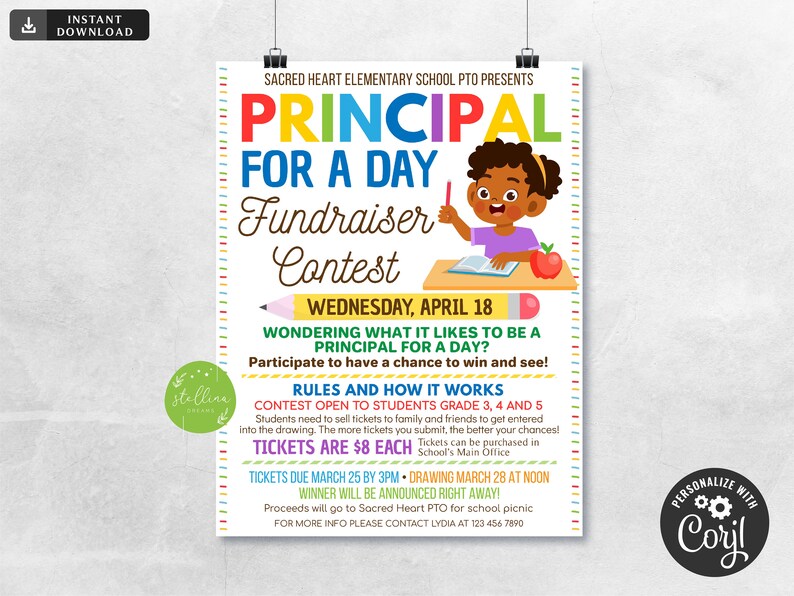 Principal for a Day Contest Fundraiser Flyer, EDITABLE Template ...