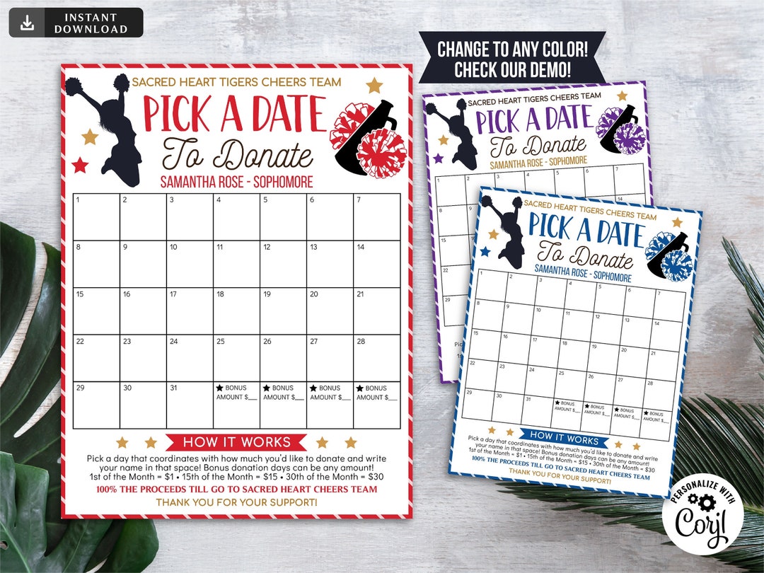Cheer Pick a Date to Donate Printable, Cheerleader Fundraiser, Poms ...
