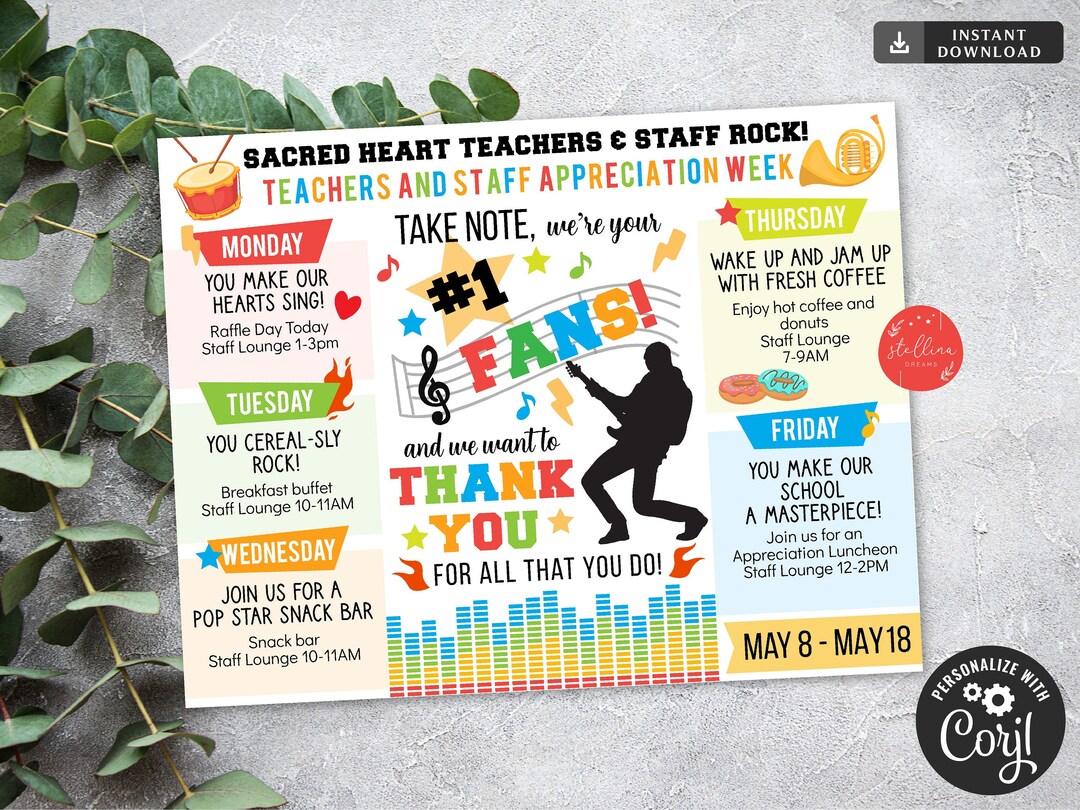 EDITABLE Music You Rock Themed Teacher Appreciation Week Itinerary ...