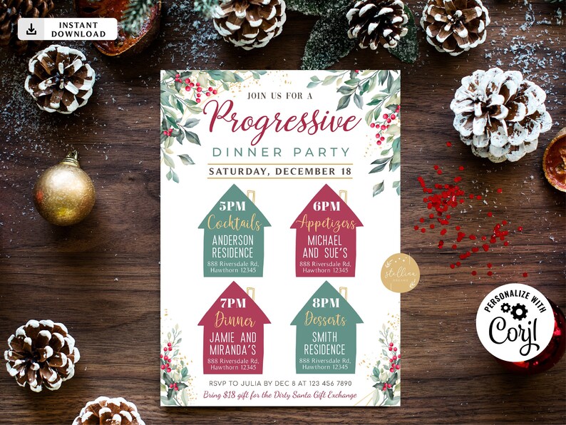 Holiday Progressive Dinner Party Invitation Christmas Potluck - Etsy