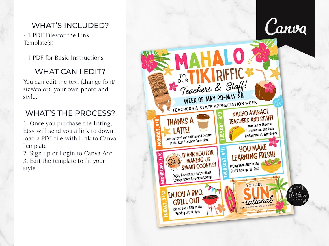 Editable Hawaiian Themed Teacher Appreciation Week Itinerary Beach ...