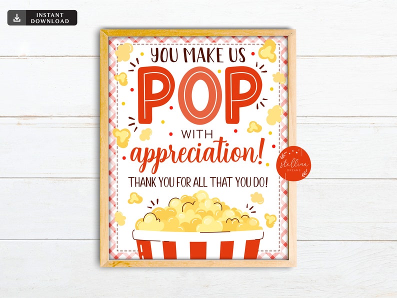 Popcorn Appreciation Sign INSTANT DOWNLOAD, School Pto Pta Appreciation ...
