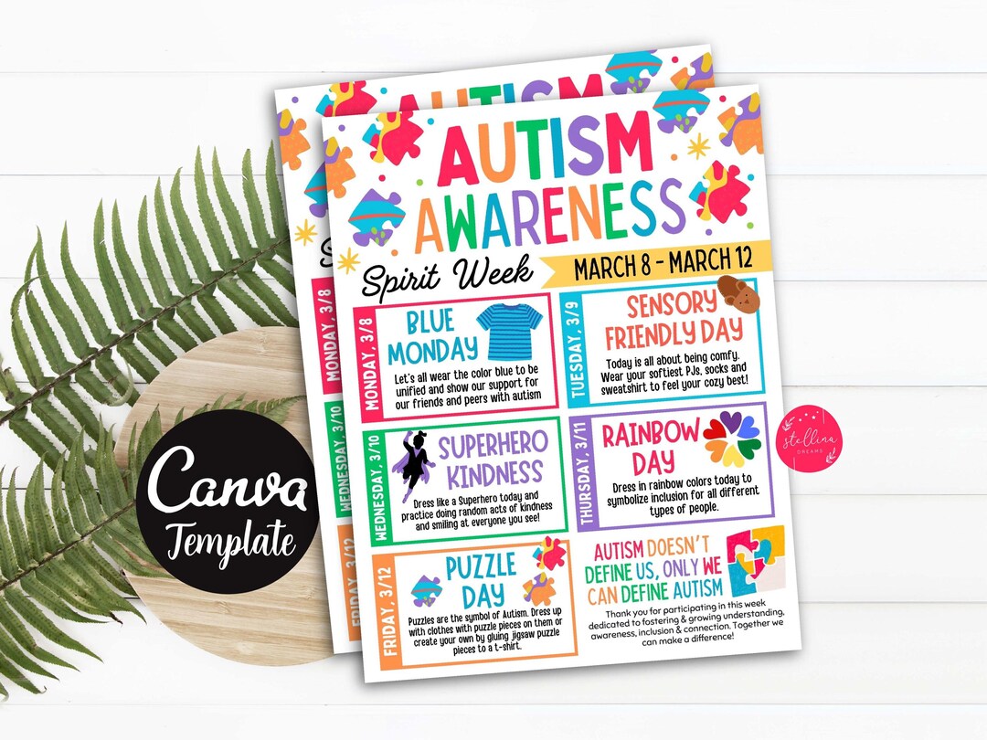 Autism Awareness Spirit Week Itinerary Schedule, Daily Weekly Calendar ...