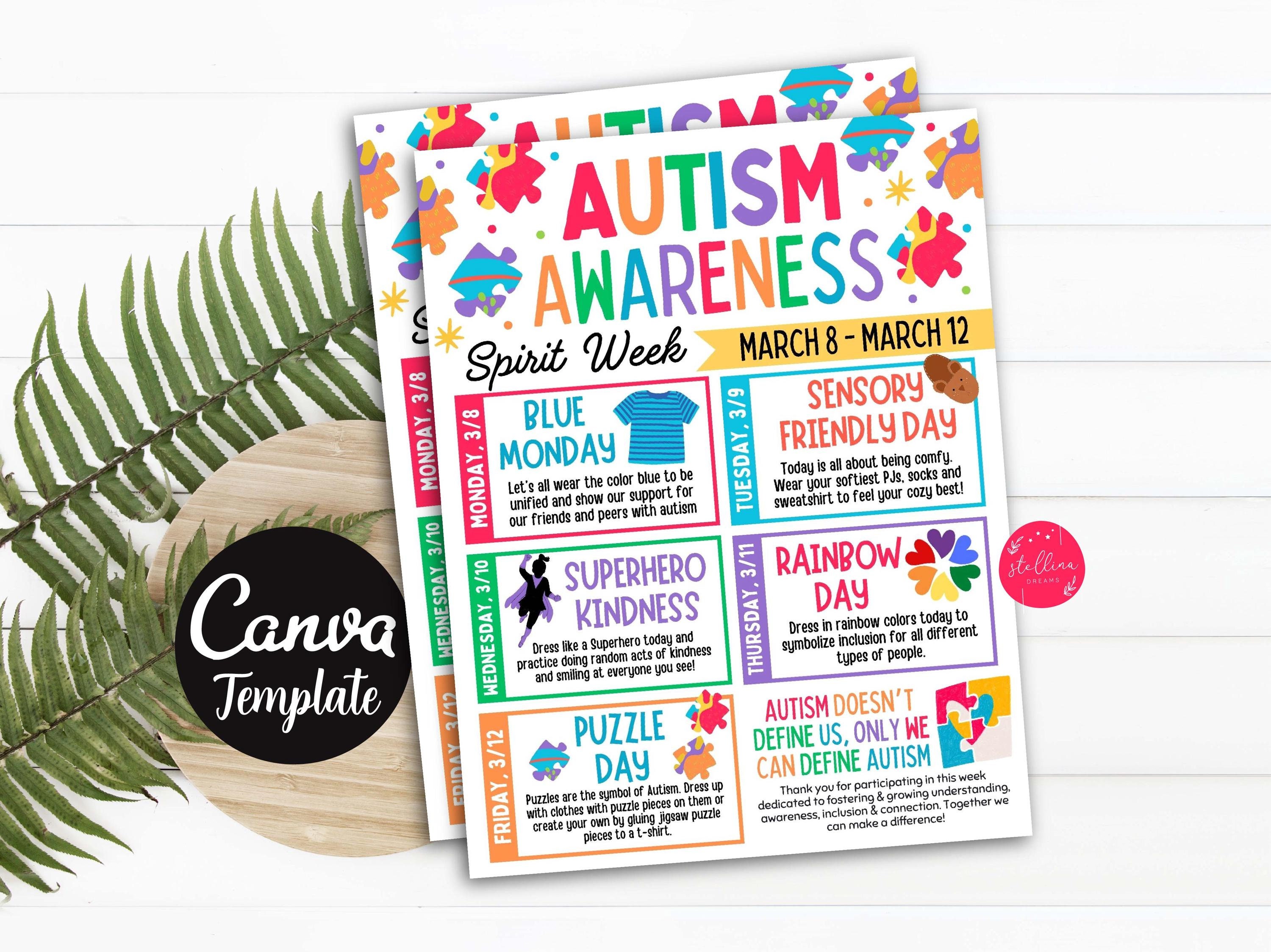 Autism Awareness Spirit Week Itinerary Schedule: Editable Weekly ...