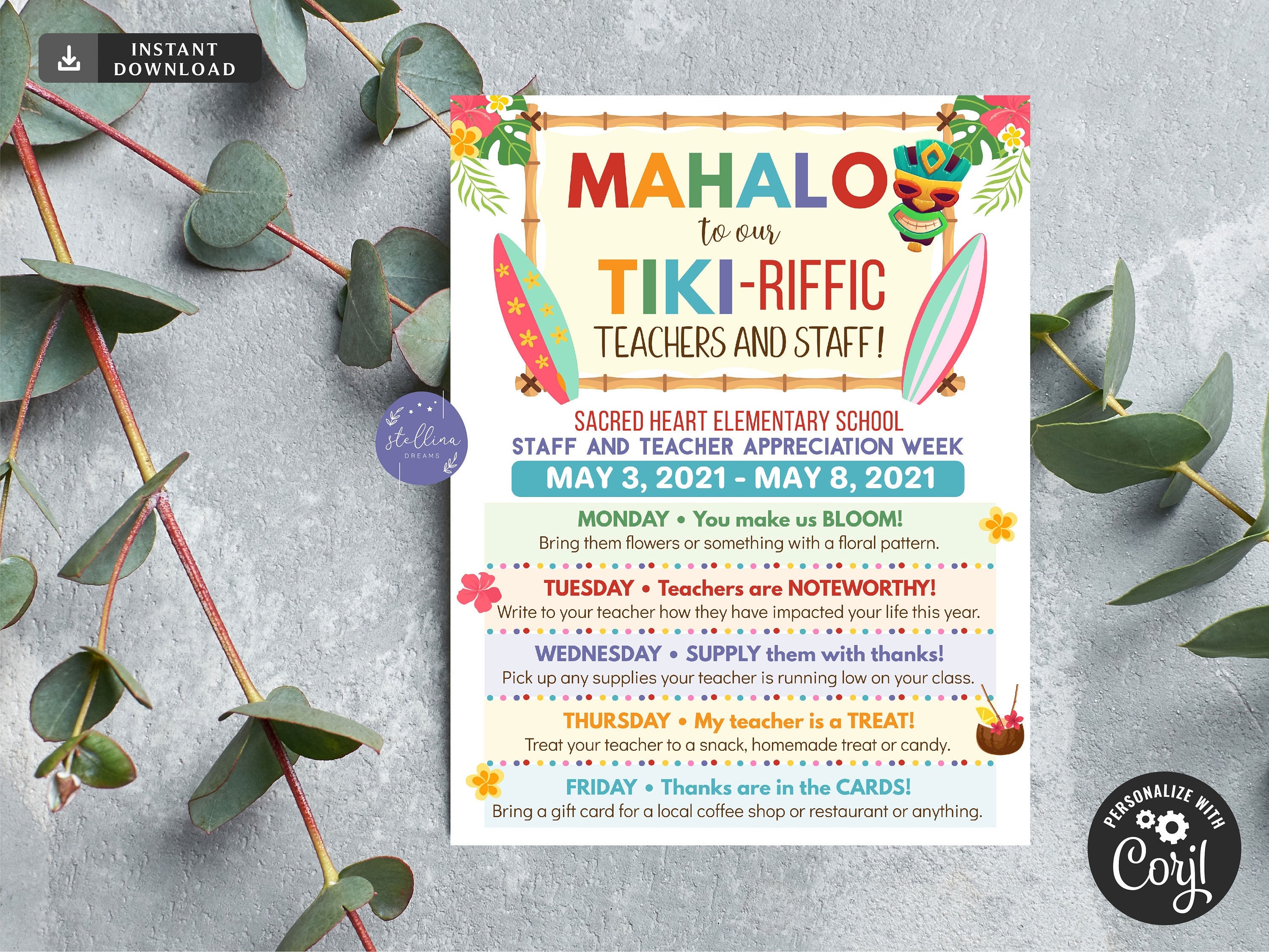 Hawaiian Themed Teacher Appreciation Week Itinerary INSTANT DOWNLOAD ...