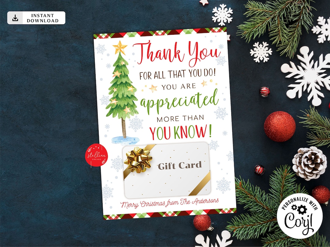 Editable Christmas Thank You Gift Card Holder, Teacher Staff Employee ...