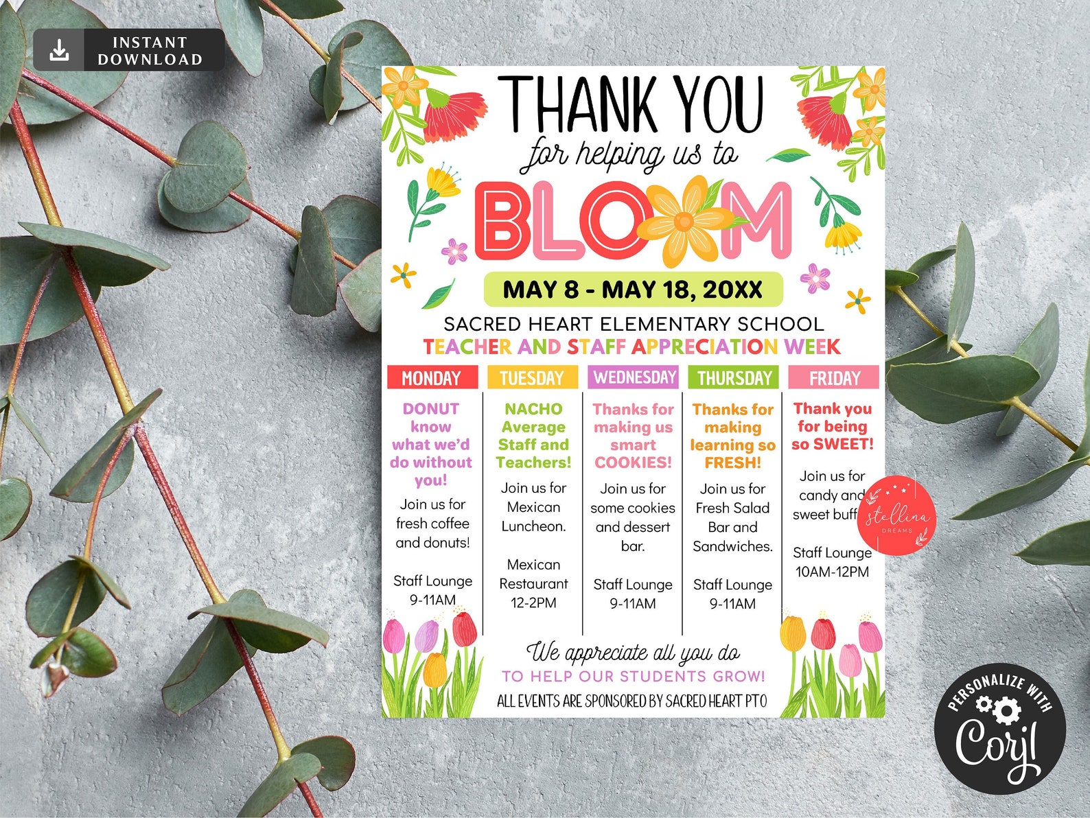EDITABLE Teacher Appreciation Week Itinerary, Appreciation Bloom Grow ...
