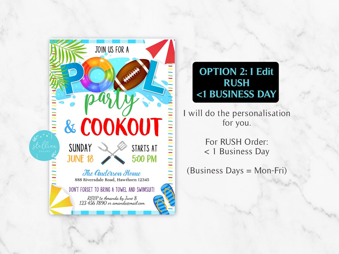 EDITABLE Summer Pool Football Party Invitation Back to School, Football ...