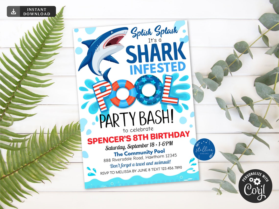 EDITABLE Shark Birthday Invitation, Shark Attack Pool Party Bash ...