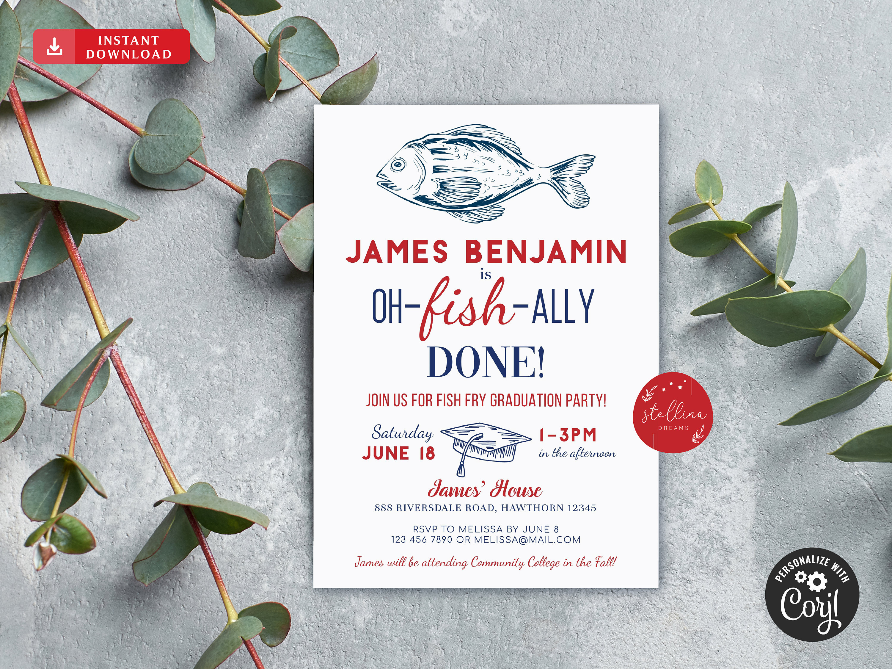 Editable Fish Fry Graduation Invitation, Printable Digital College Grad ...