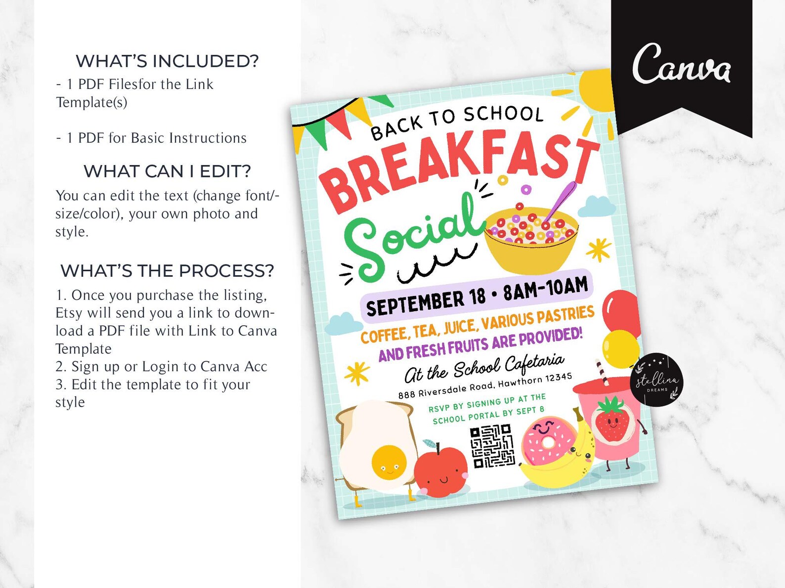 Back to School Breakfast Social Flyer: Editable Canva Template, Meet ...