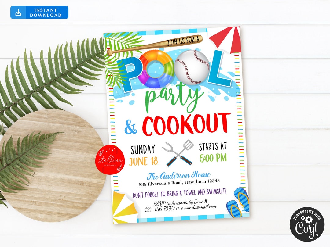 EDITABLE Summer Pool Baseball Party Invitation Back to School, Baseball ...