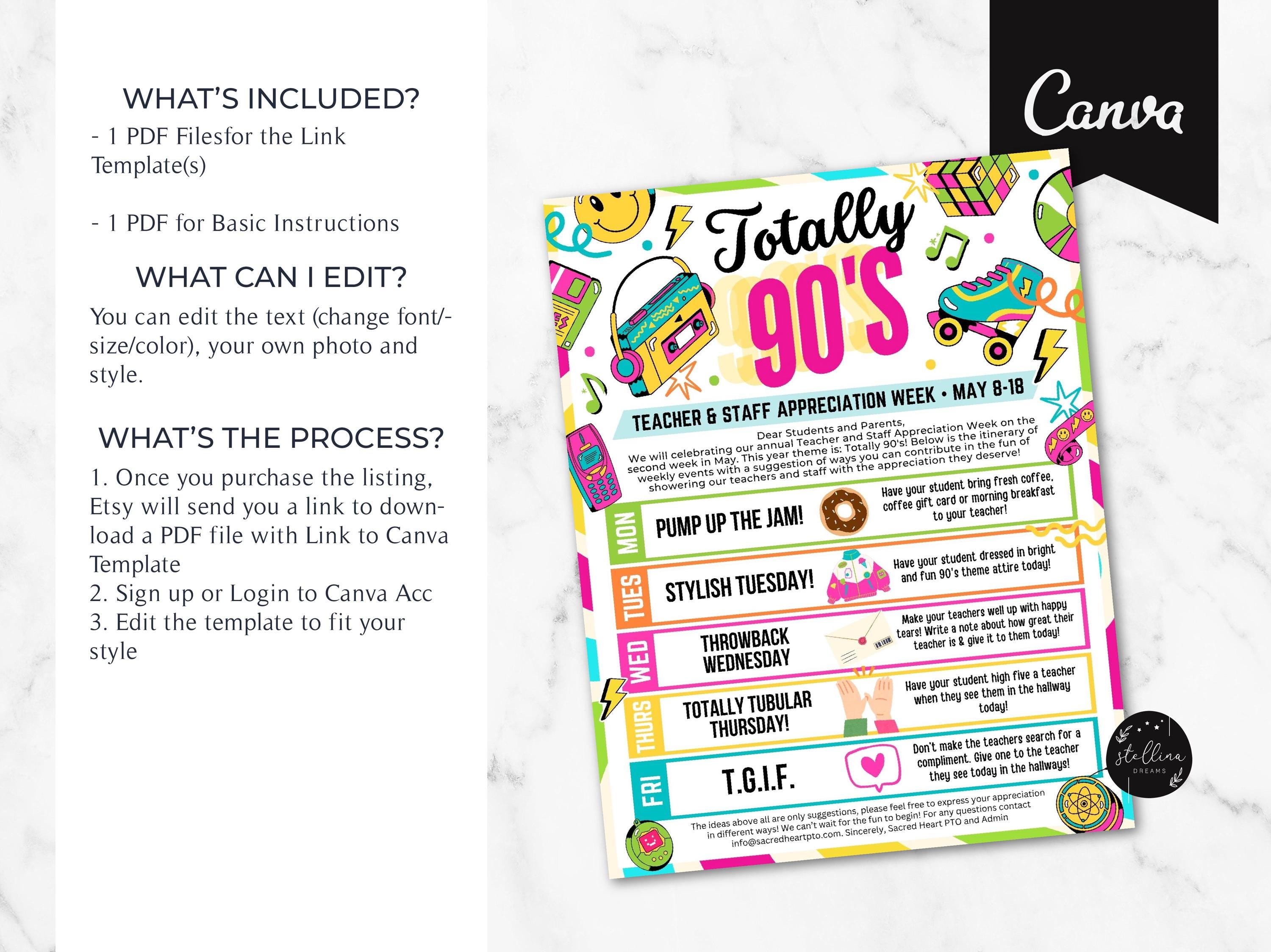 80s 90s Theme Teacher Appreciation Week Itinerary Take Home Flyer ...
