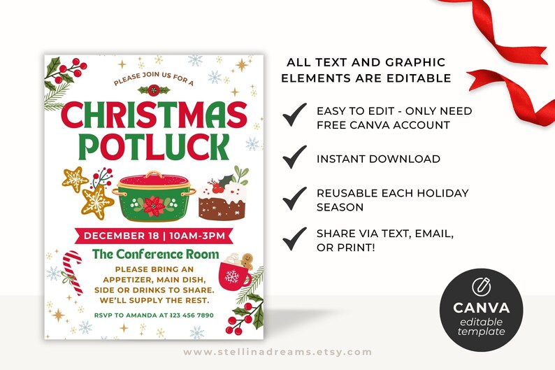 Christmas Potluck Flyer & Sign up Sheet Set | Editable Canva Template ...