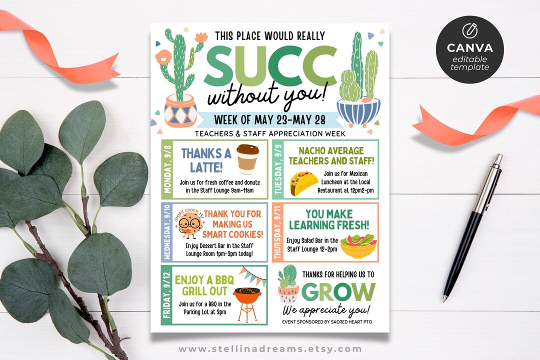 Boho Succulent Teacher Appreciation Week Itinerary | Grow Bloom Staff ...