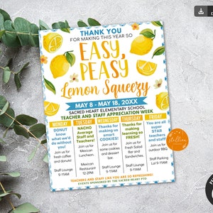 EDITABLE Teacher Appreciation Week Itinerary, Easy Peasy Lemon Squeezy ...