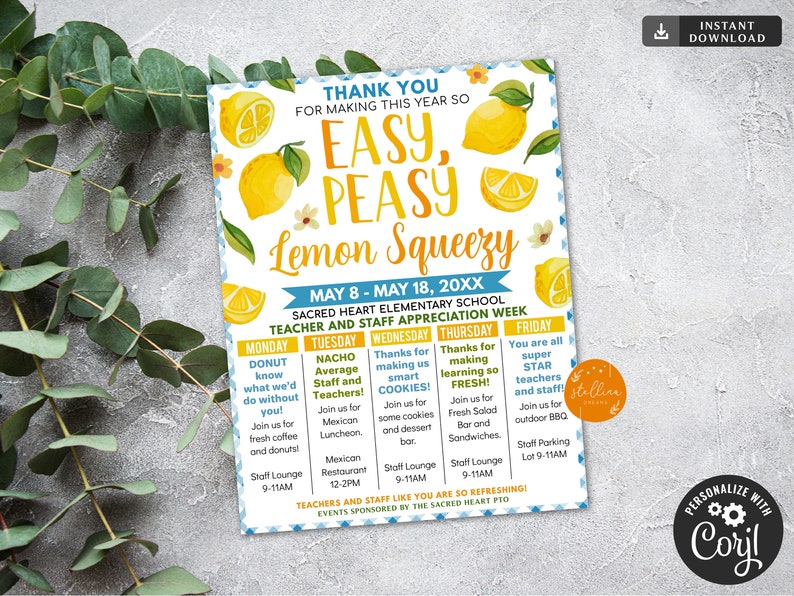 EDITABLE Teacher Appreciation Week Itinerary Easy Peasy Lemon - Etsy ...