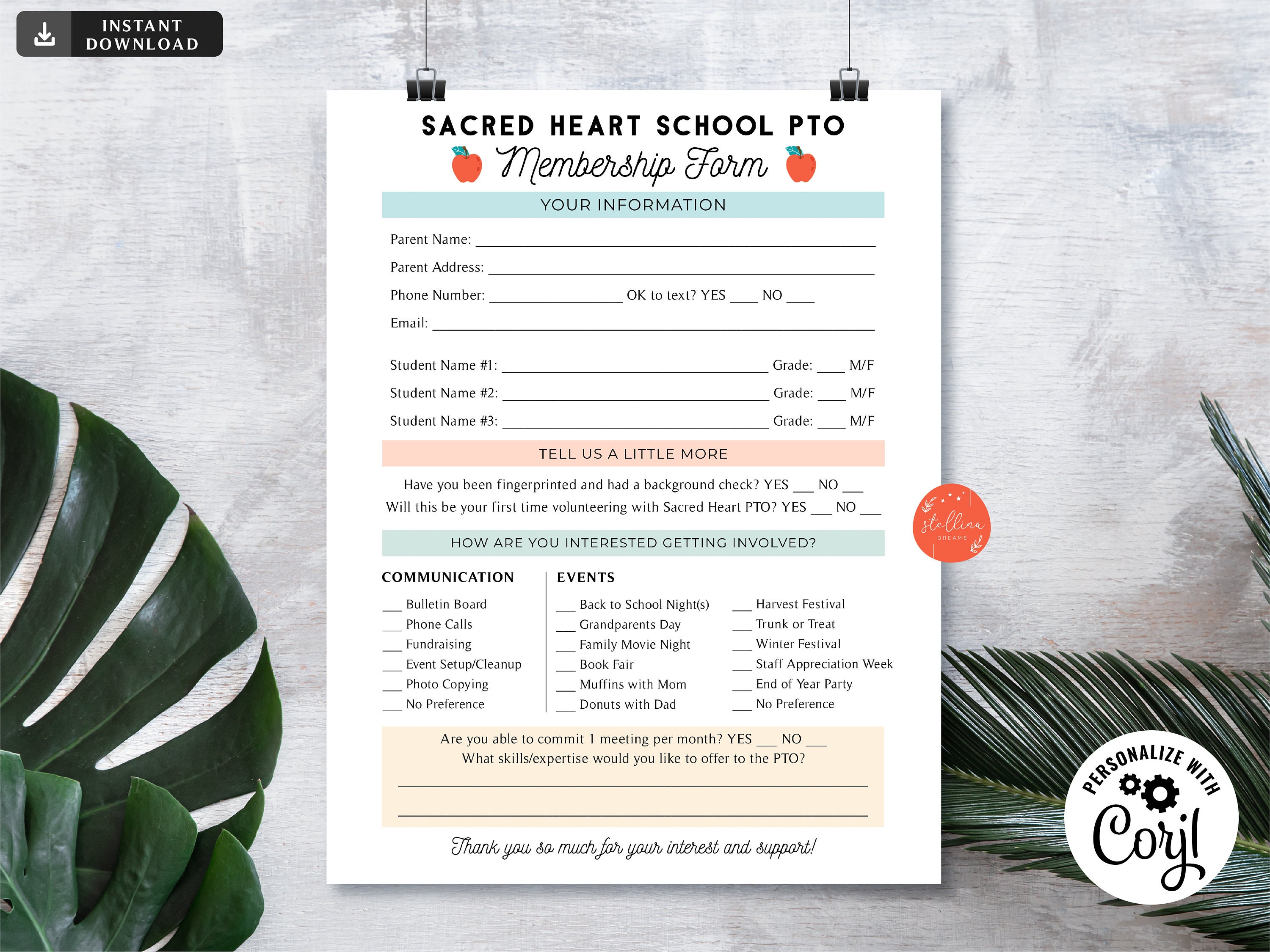 PTO PTA Form Membership Volunteer Signup Printable Handout - Etsy