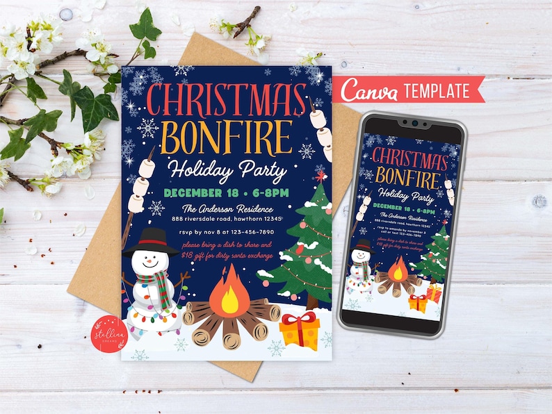 Christmas Bonfire Party Invitation: S'mores Holiday Invite (CANVA ...