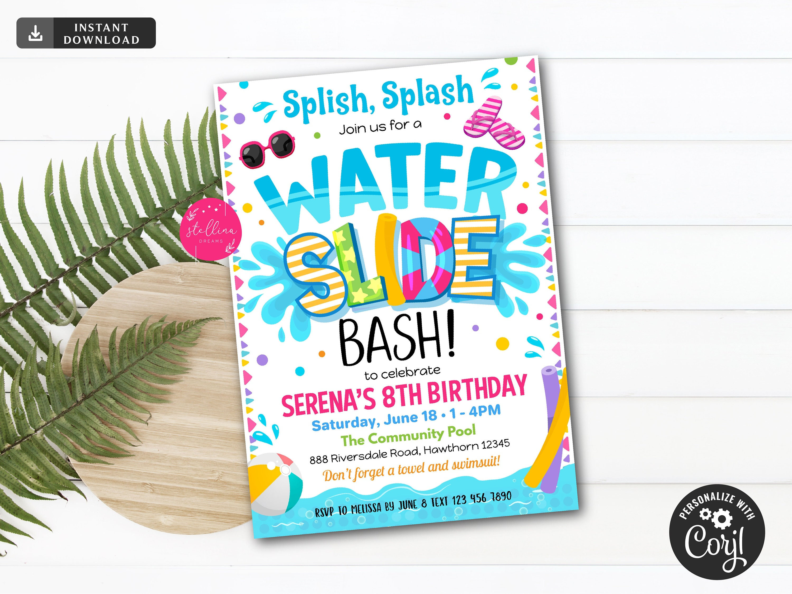 EDITABLE Girl Water Slide Birthday Invitation Backyard Waterslide ...