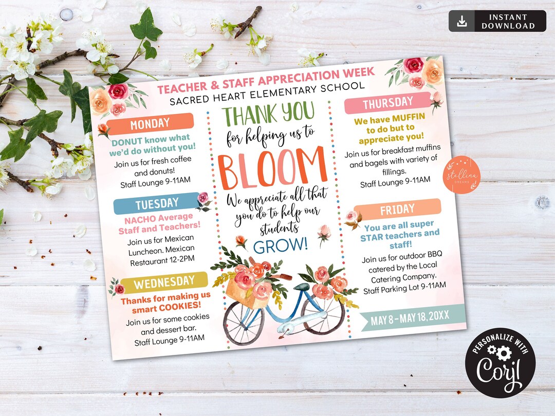 Teacher Appreciation Week Itinerary, Appreciation Bloom Grow Floral ...