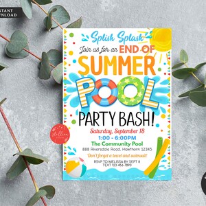 End of Summer Pool Party Invitation, Printable Digital Invite, Back to ...