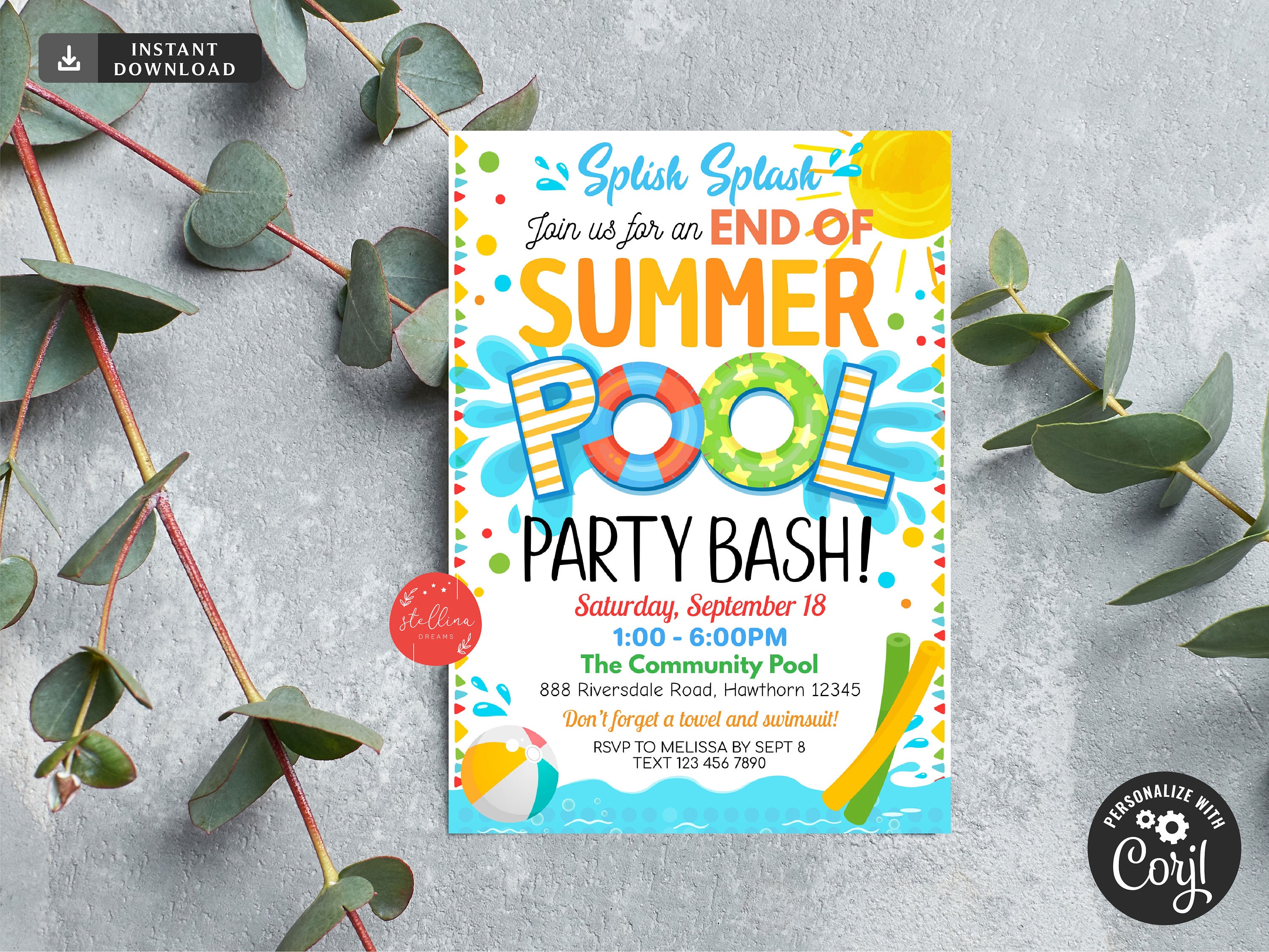 End of Summer Pool Party Invitation, Printable Digital Invite, Back to ...