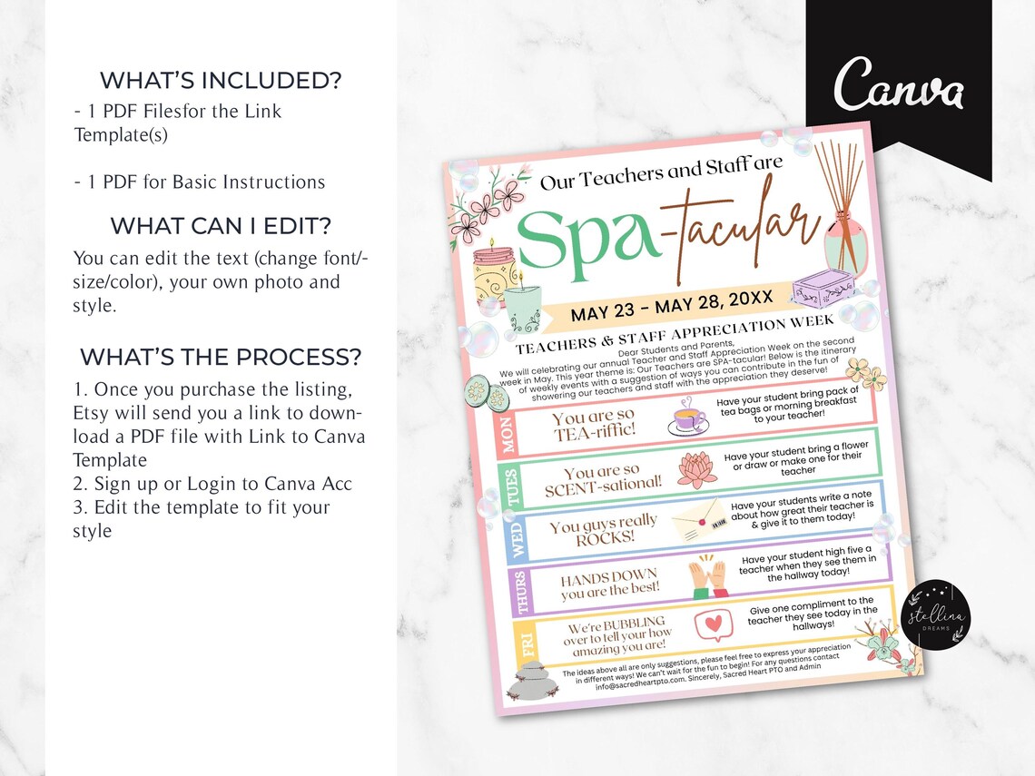 Editable Spa Themed Teacher Appreciation Week Itinerary Take Home Flyer ...