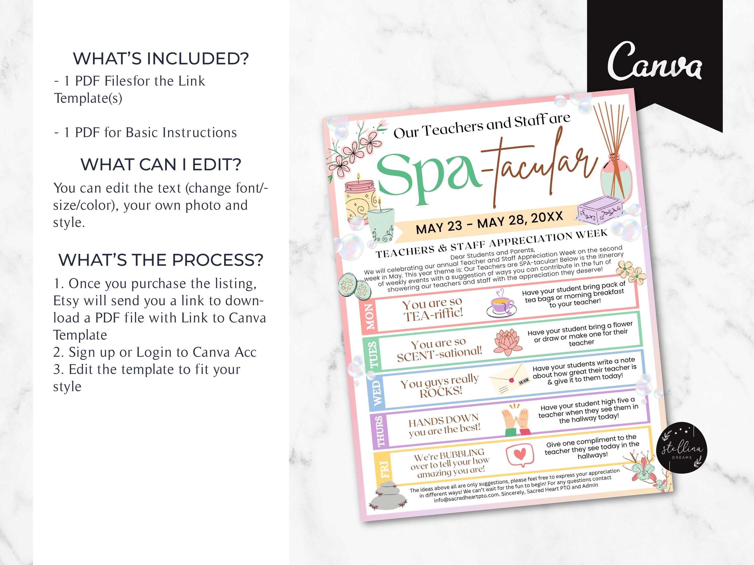 Editable Spa Themed Teacher Appreciation Week Itinerary Take Home Flyer ...